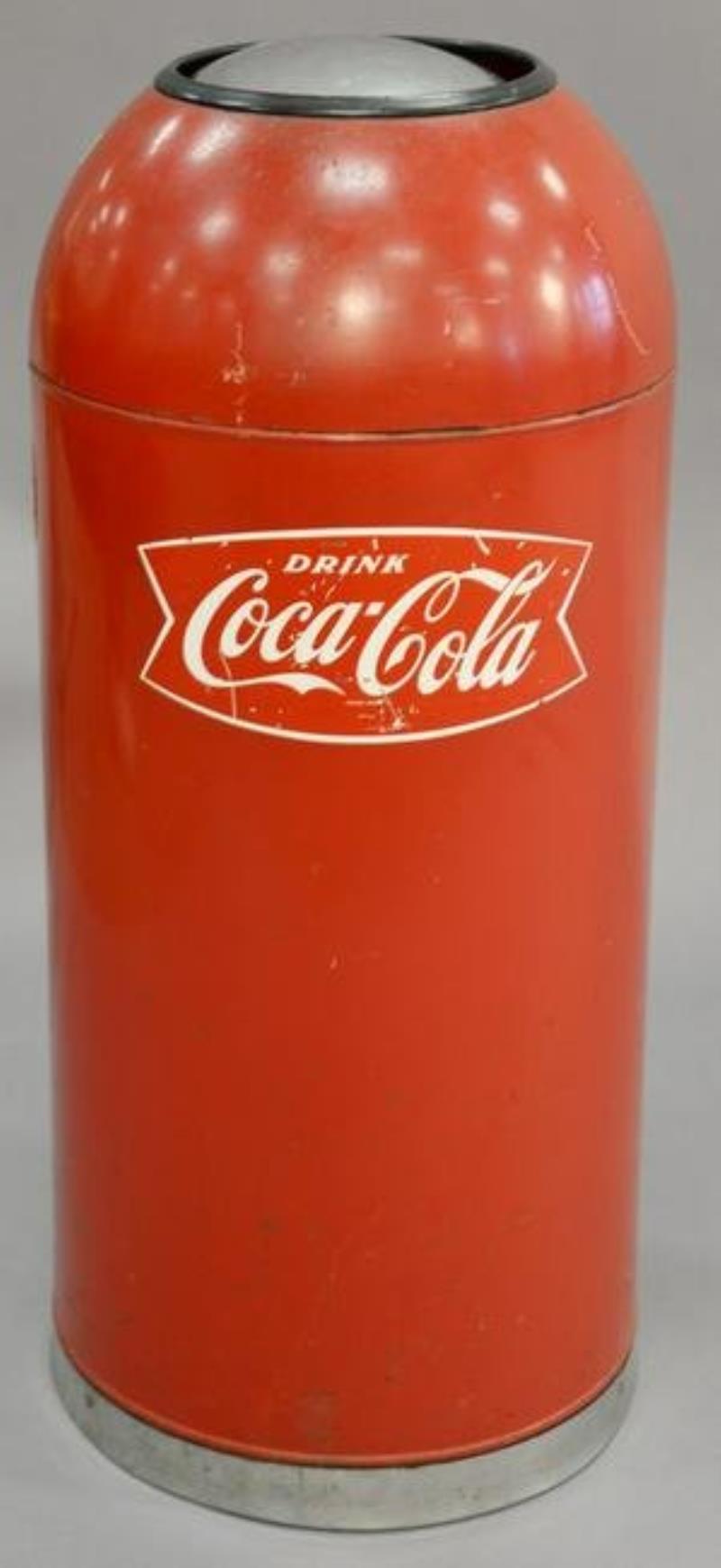 Coca-Cola metal trash can w/domed top, red w/bott Value & Price Guide